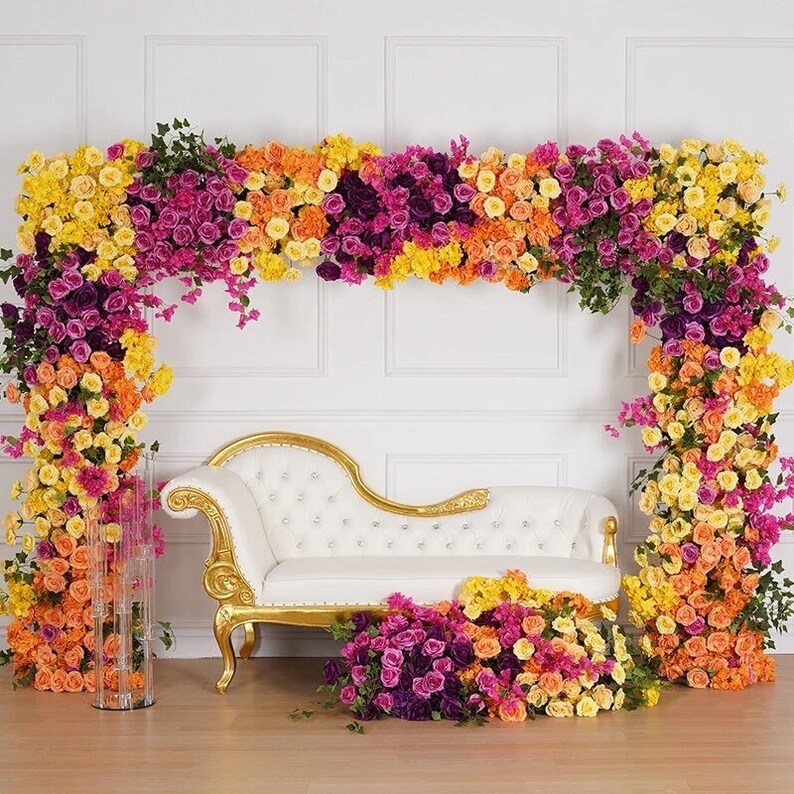 Orange/yellow/purple Floral Arch With Leaves, Flower Runner Wedding ...