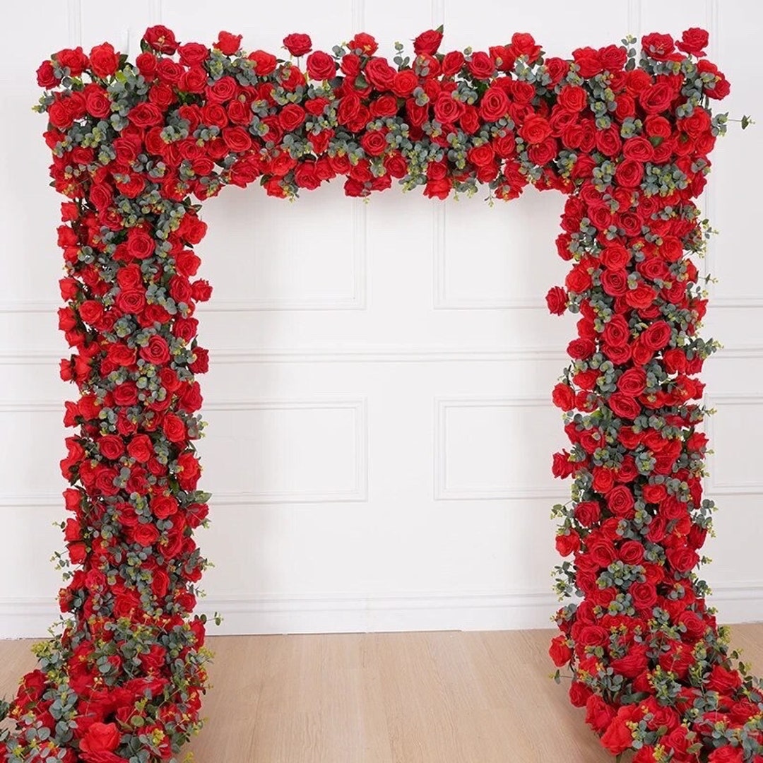 Red Flower Floral Arch With Leaves, Flower Runner Wedding Backdrop ...