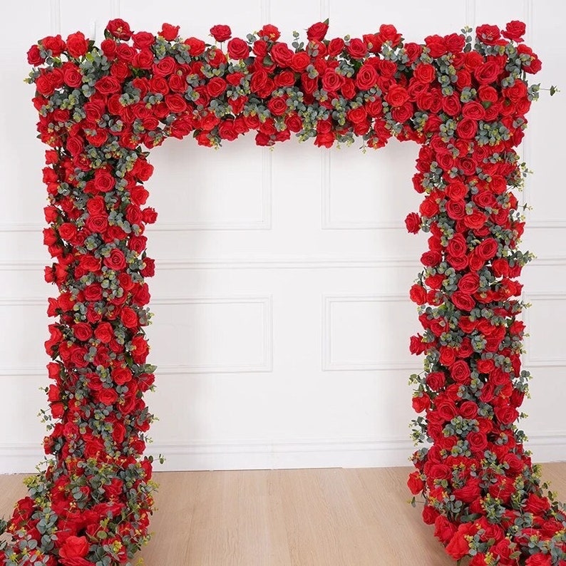 Red Flower Floral Arch With Leaves, Flower Runner Wedding Backdrop ...