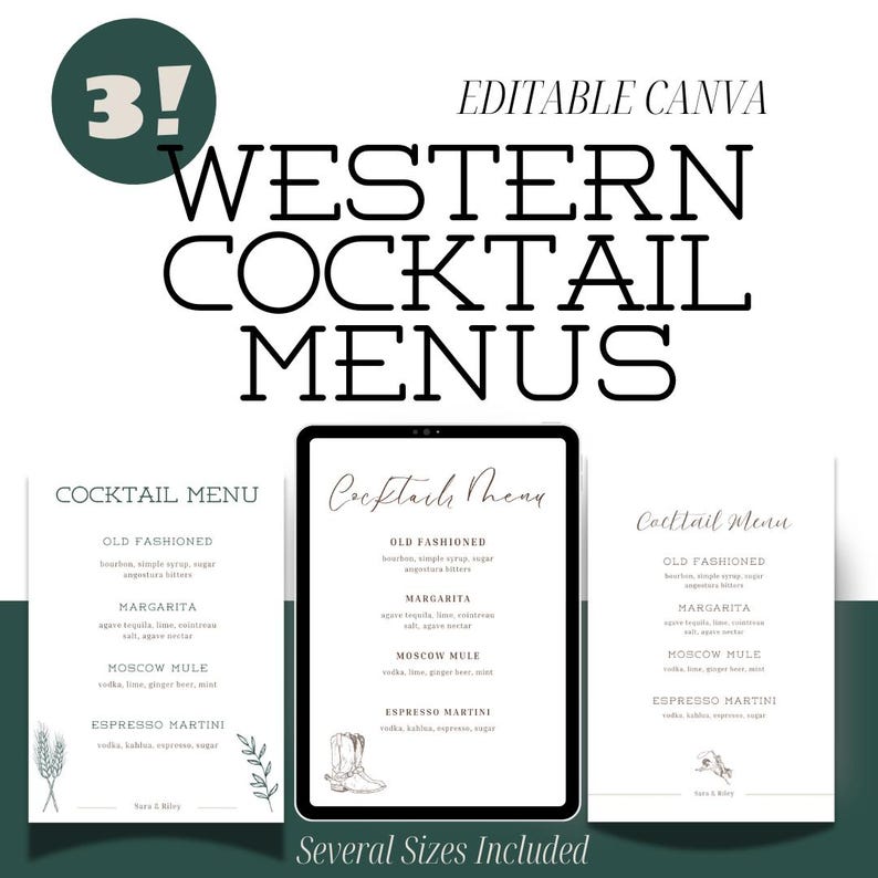 3 Western Cocktail Menu Editable Western Bar Wedding Menu, Canva ...