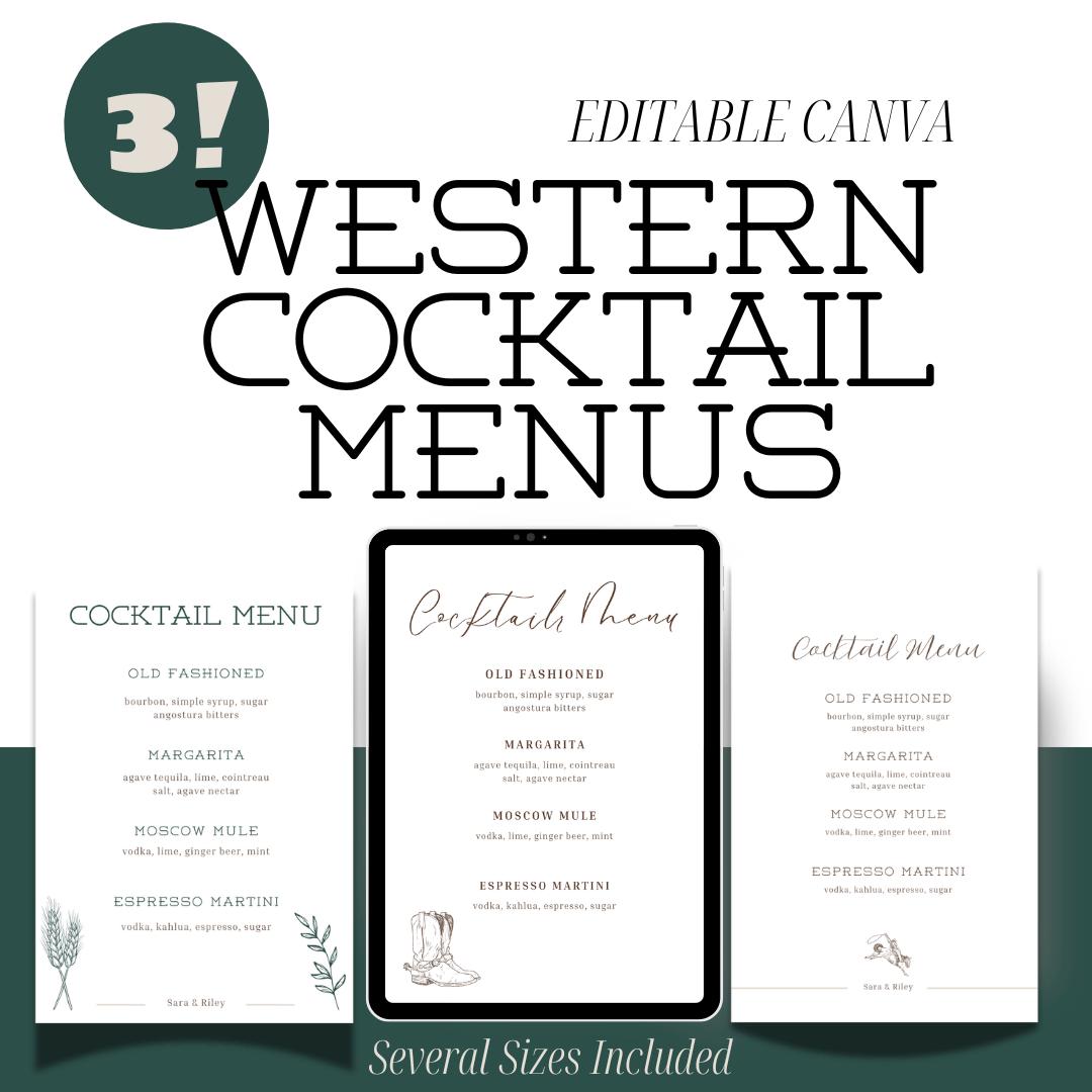 3 Western Cocktail Menu Editable Western Bar Wedding Menu, Canva ...