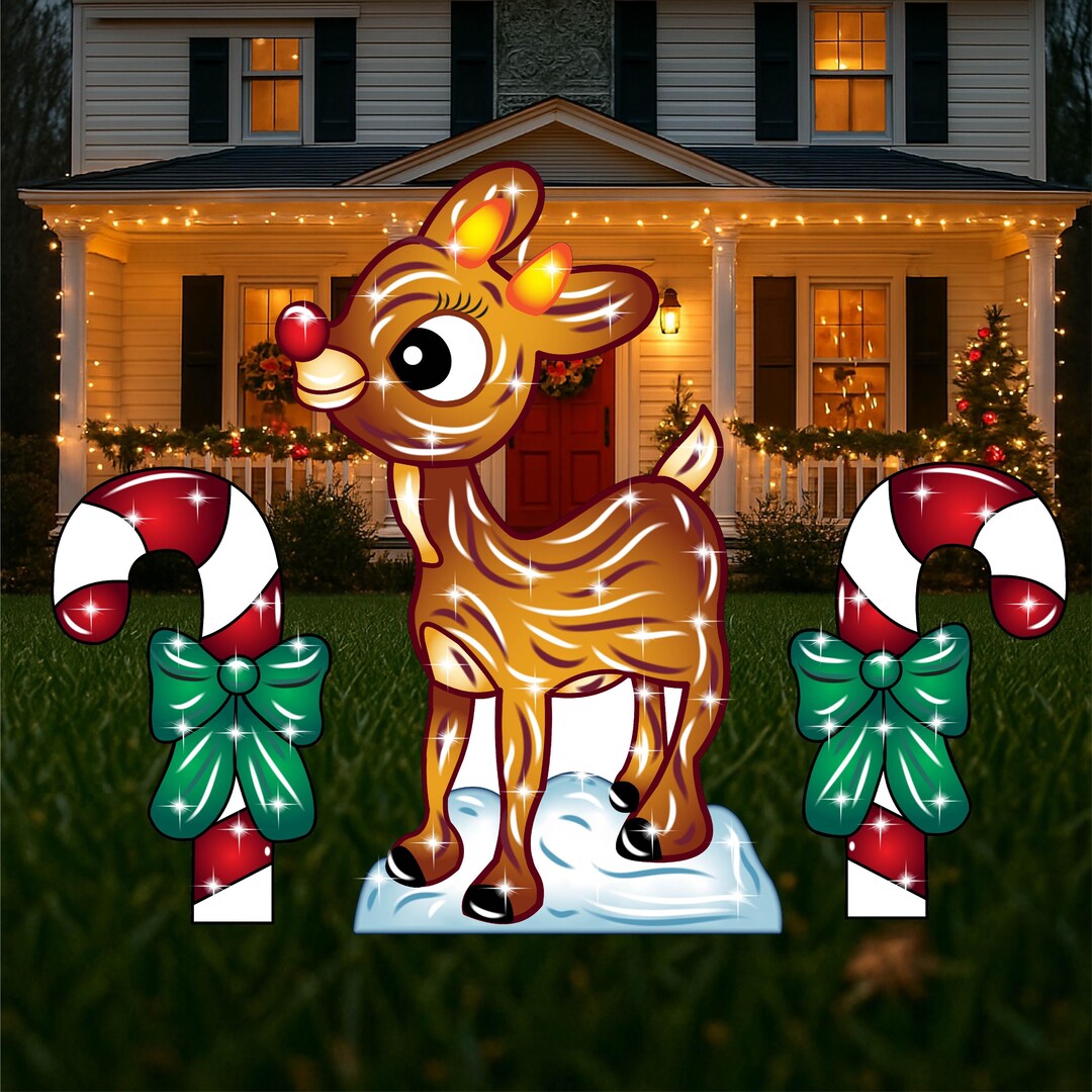 Rudolph Yard Signs, Outdoor Christmas Reindeer Yard Display, Candy Cane ...