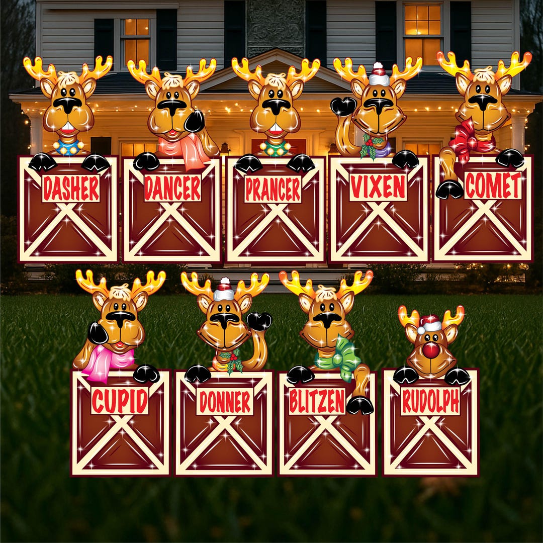 Santa's Reindeer Stable Christmas Yard Characters Set of 9, Cute ...