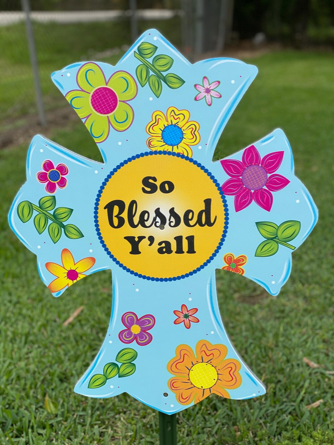 So Blessed Christian Cross Yard Signs With Stakes, Aqua Floral ...
