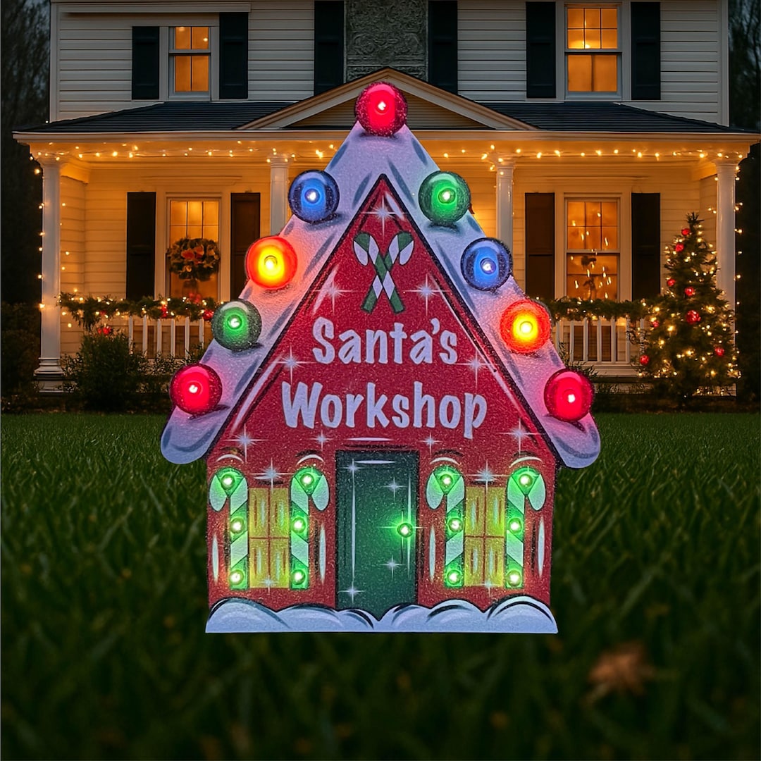 Santa's Workshop Lighted Christmas Yard Art, Santa Claus Yard Decor ...