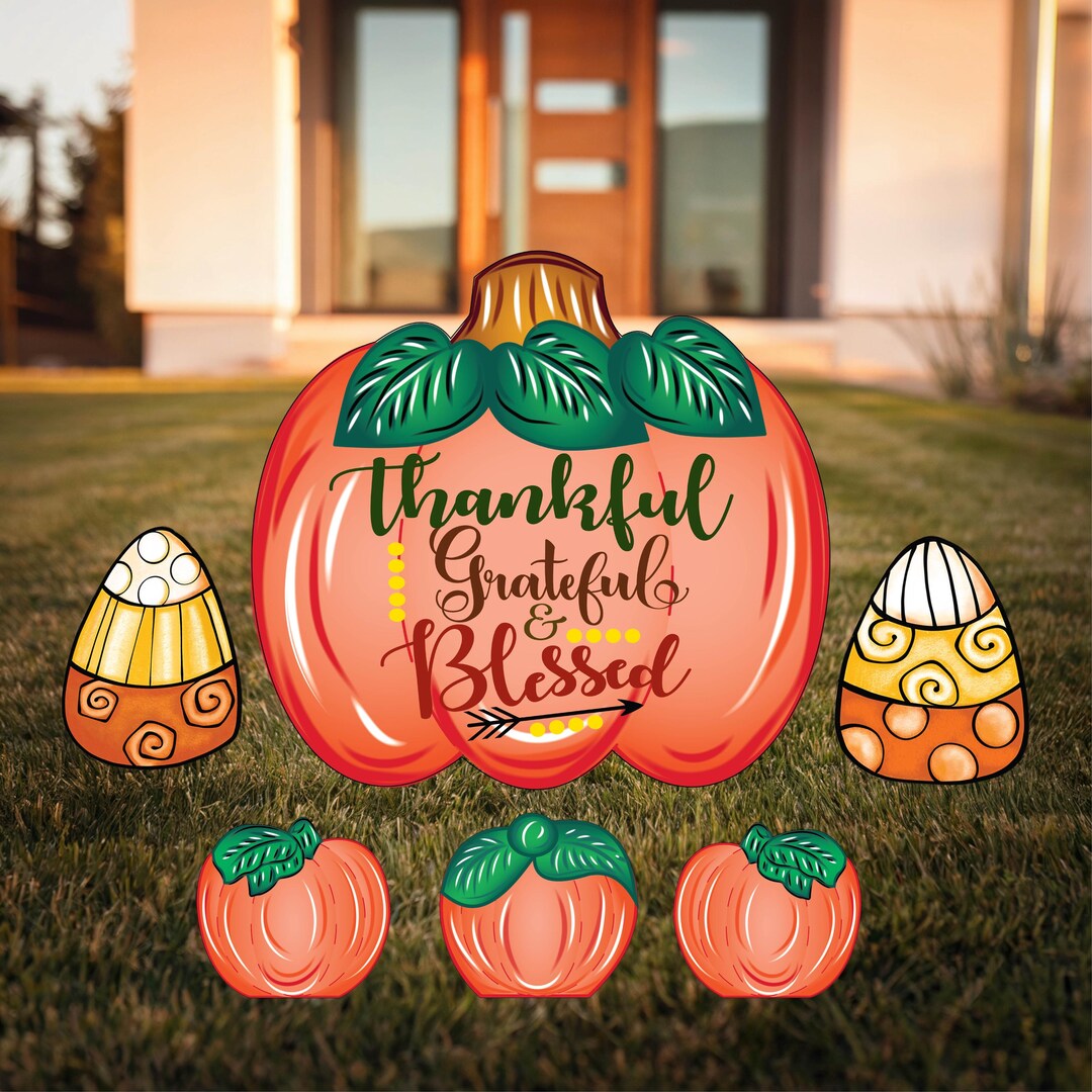 Thankful Grateful Blessed Garden Stakes SET OF 6, Cute Pumpkin Outdoor ...