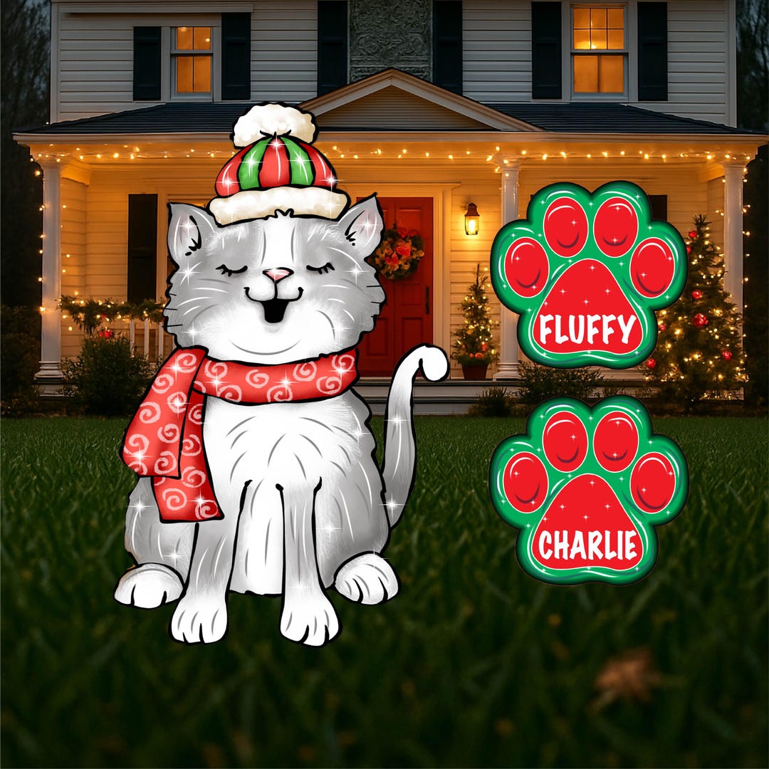 Singing Christmas Cat Yard Sign, Outdoor Christmas Kitty Garden Decor ...