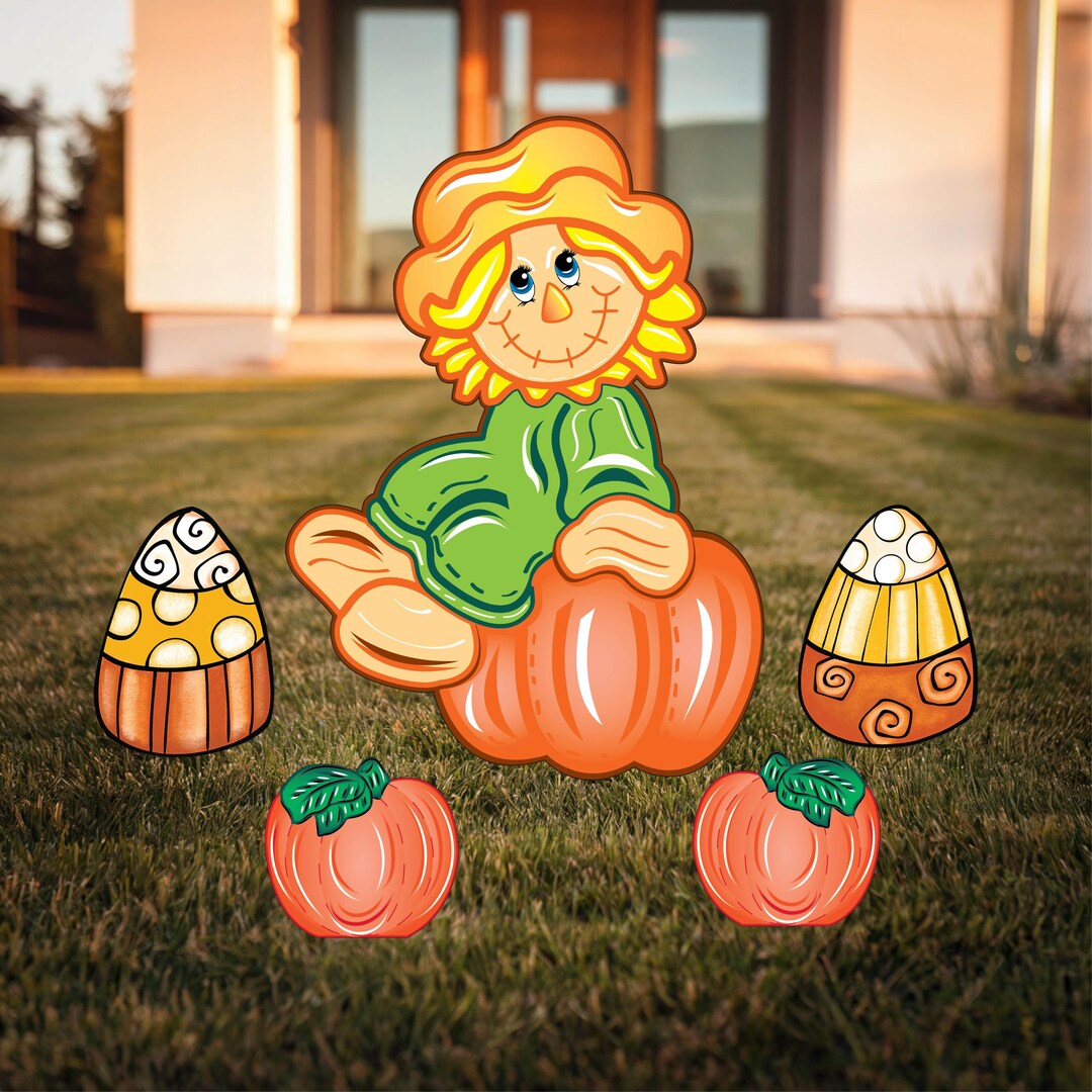 Fall Scarecrow Yard Art SET OF 5, Candy Corn Outside Decoration ...