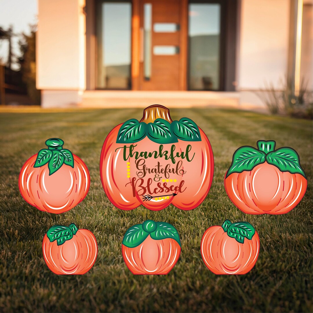 Thankful Grateful Blessed Garden Stakes SET OF 6, Cute Pumpkin Outdoor ...