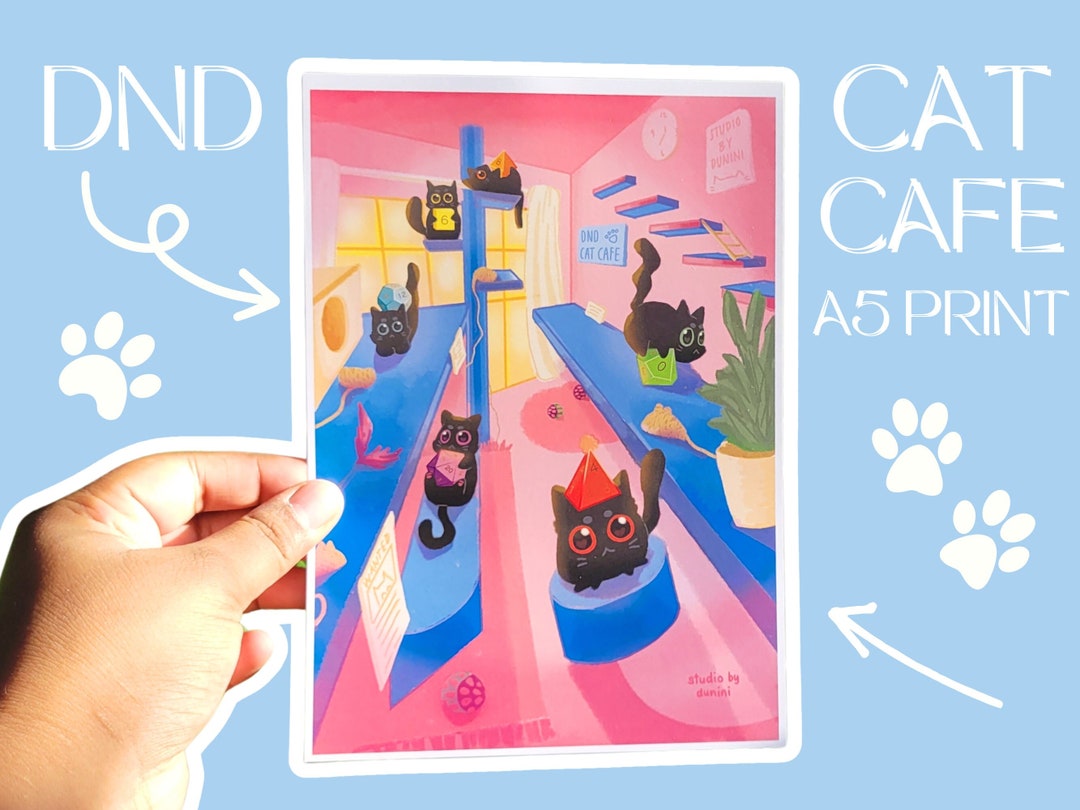 Dnd Cat Cafe Art Print A5 // Dnd, Dice, Cute, Animal, Fantasy, Ttrpg ...