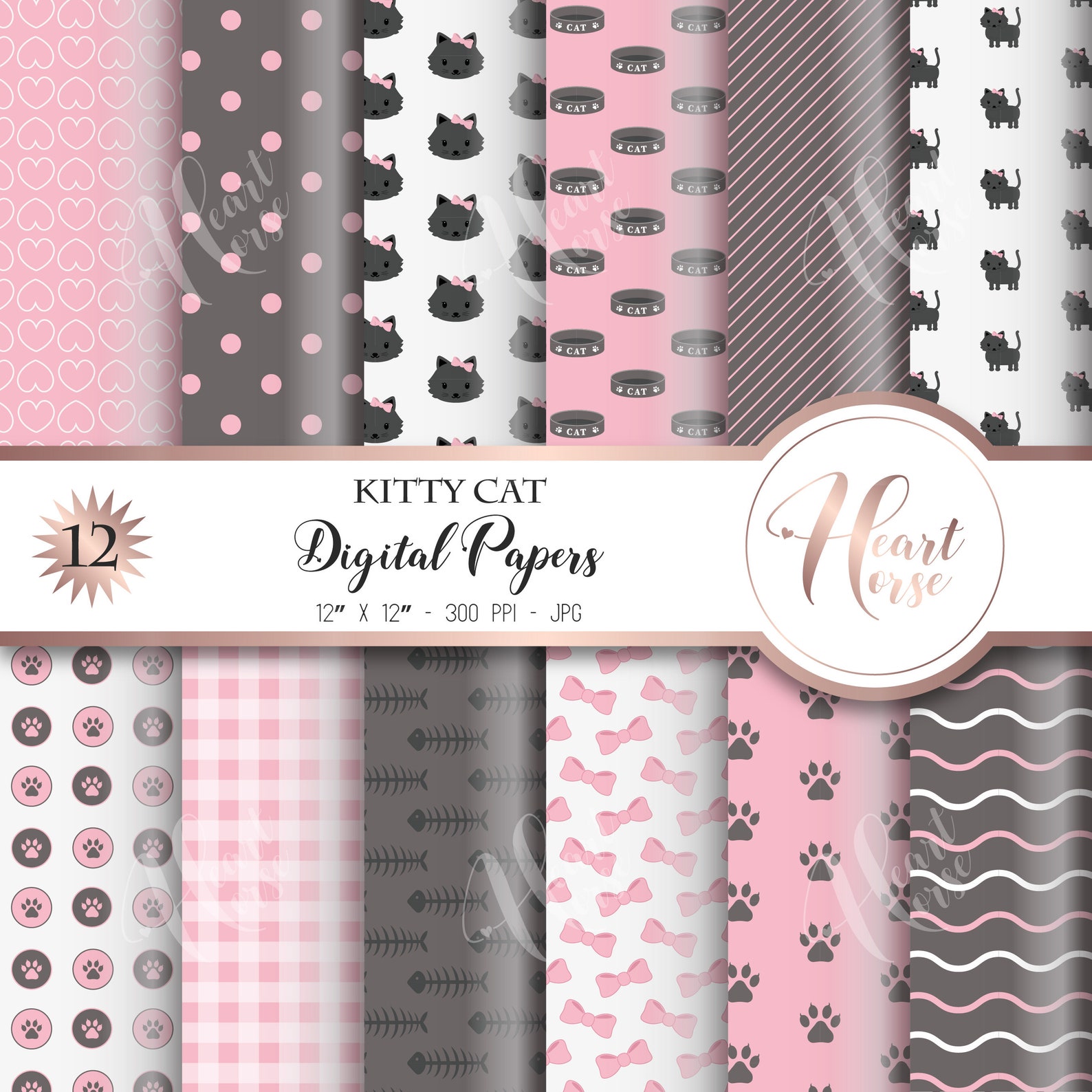 Cat Digital Papers, Cat Backgrounds, Pink and Grey Textures, Seamless ...