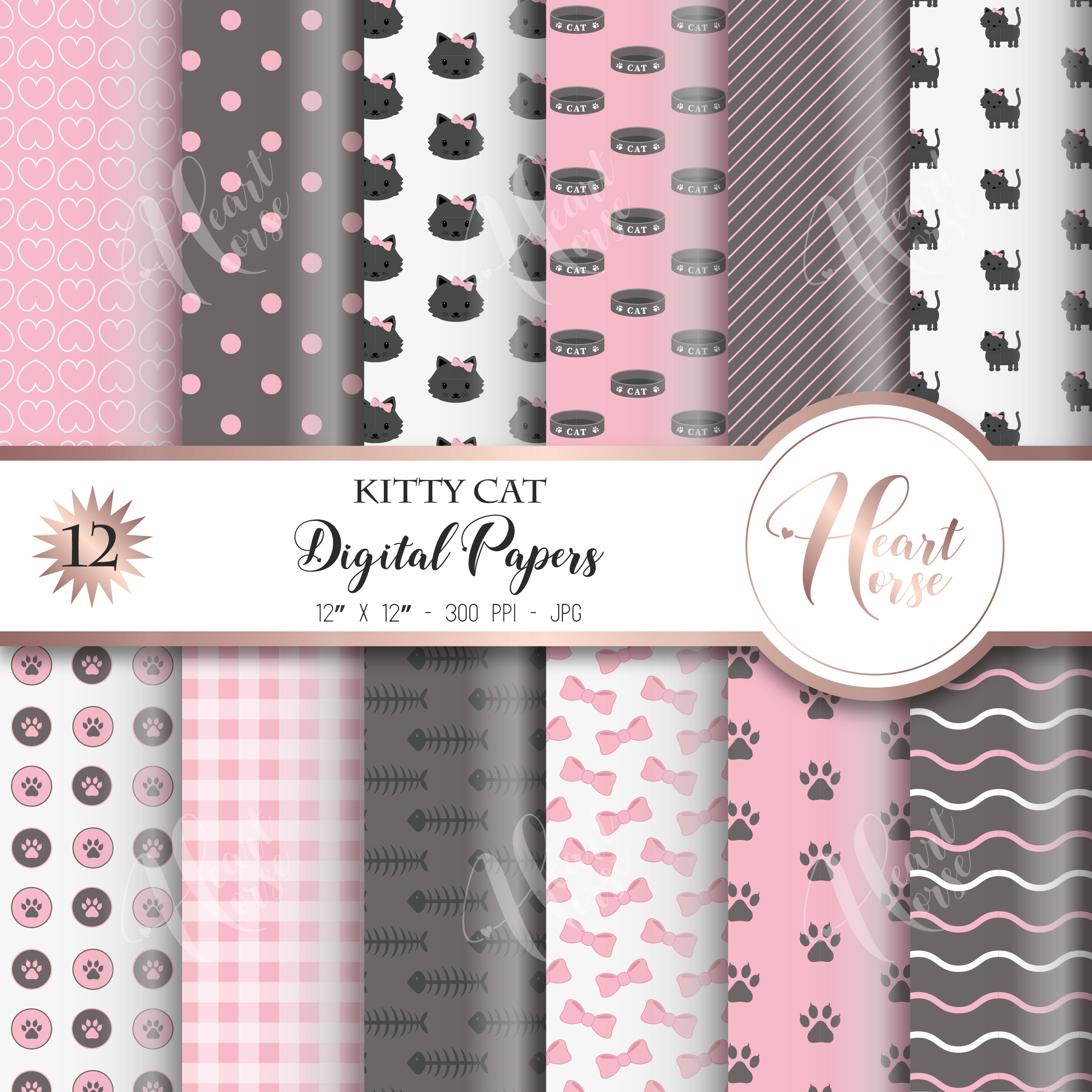 Cat Digital Papers, Cat Backgrounds, Pink and Grey Textures, Seamless ...