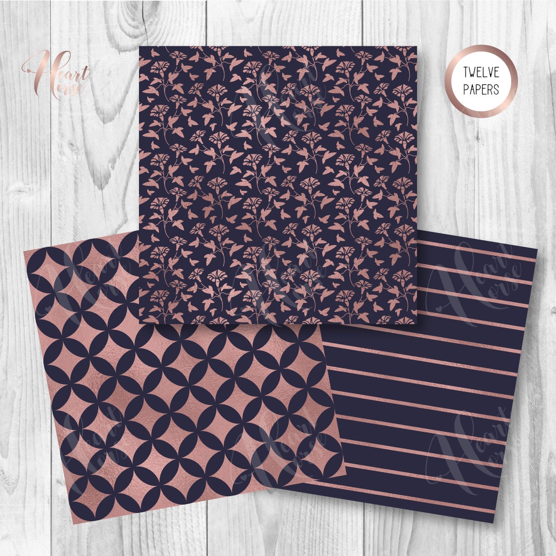 Navy and Rose Gold Foil Digital Papers, Blush Backgrounds, Elegant Foil ...