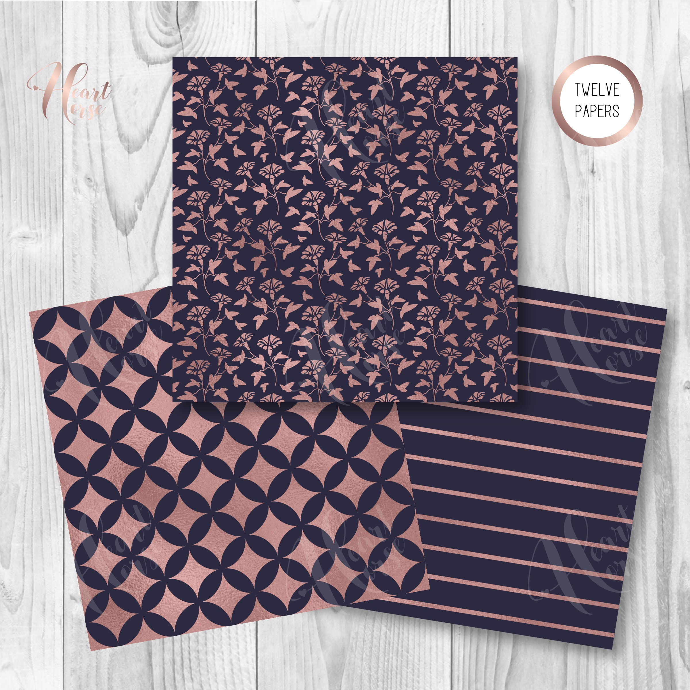Navy and Rose Gold Foil Digital Papers, Blush Backgrounds, Elegant Foil ...