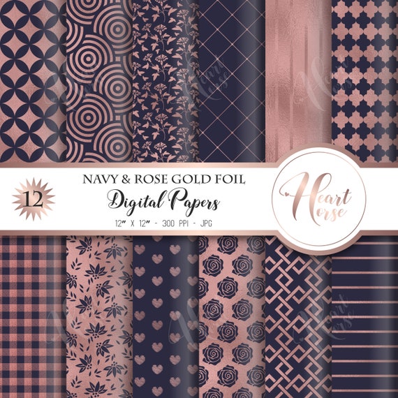 Navy and Rose Gold Foil Digital Papers Blush Backgrounds | Etsy