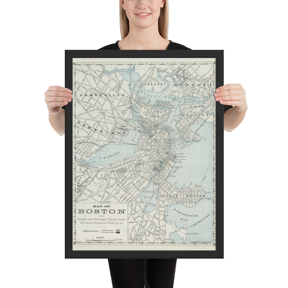 Old Boston Map (1889) Vintage Beantown Massachusetts Atlas Framed ...