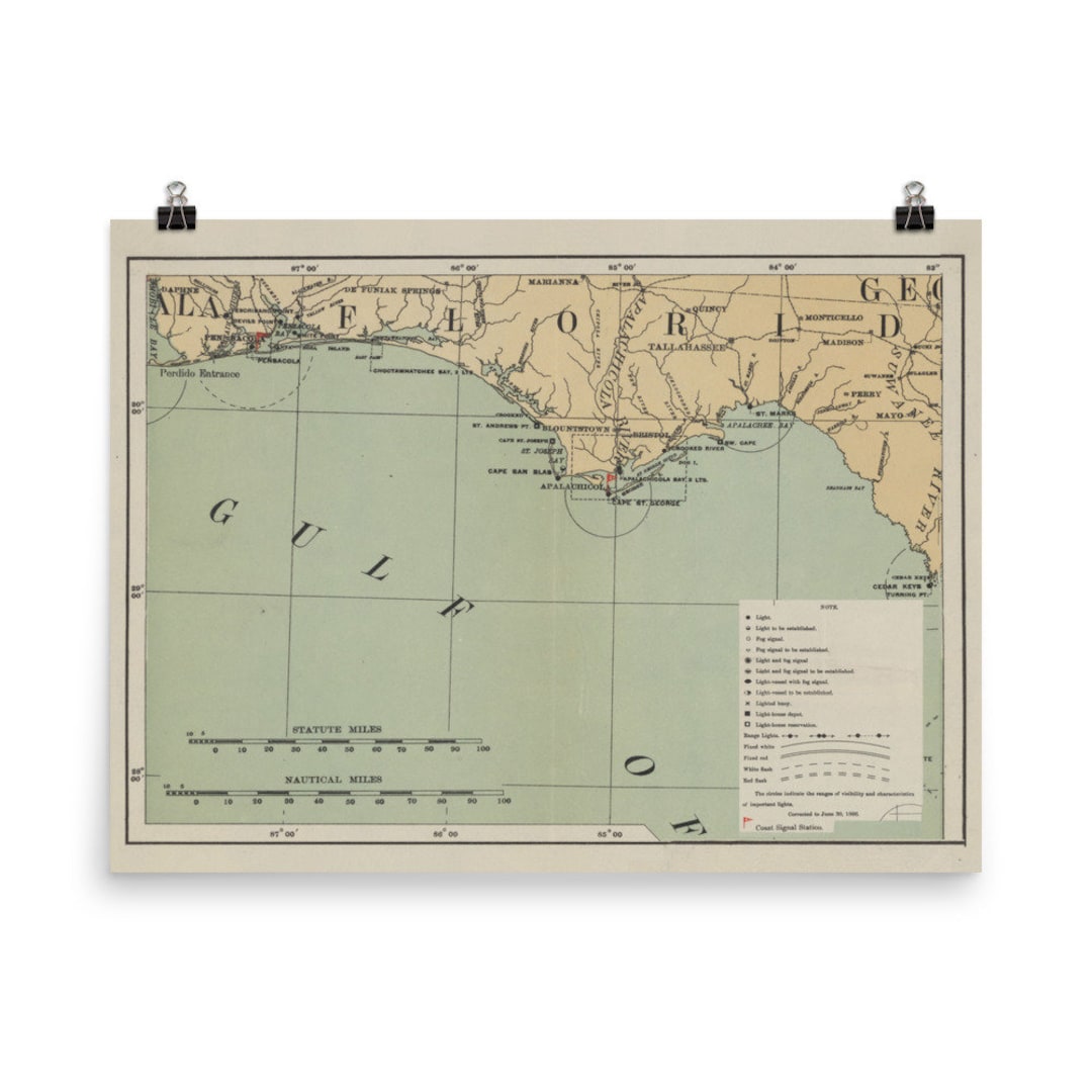 Old Florida Panhandle Lighthouse Map (1898) West FL Nautical Atlas ...