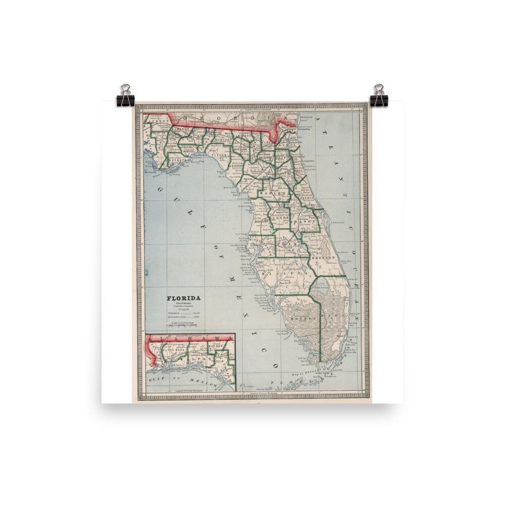 Vintage Florida Map 1883 FL Counties and Cities Atlas Poster - Etsy