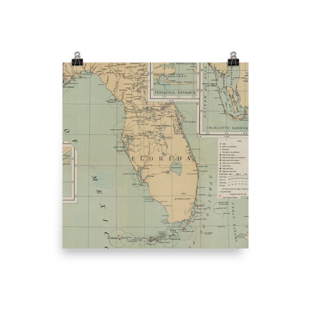 Vintage Florida Lighthouse Map 1898 FL Coastal Maritime - Etsy
