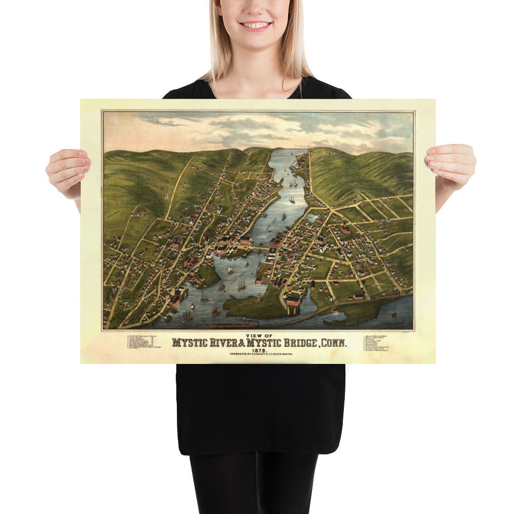 Old Mystic CT Map (1879) Vintage Connecticut Village & River Atlas ...