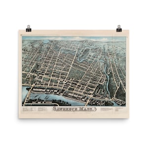 Old Lawrence MA Map (1876) Vintage Massachusetts City Birds Eye View ...