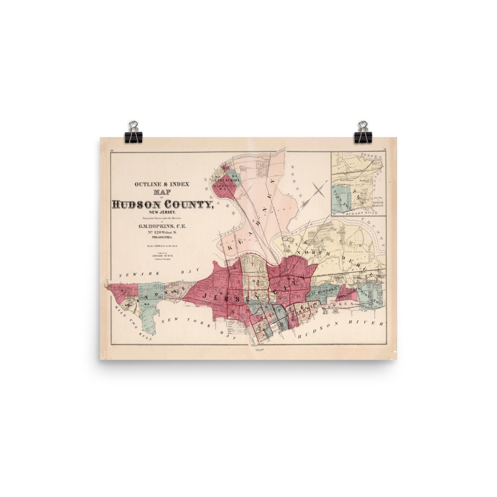 Hudson County NJ Map (1873) Old New Jersey Counties Atlas Poster - Etsy