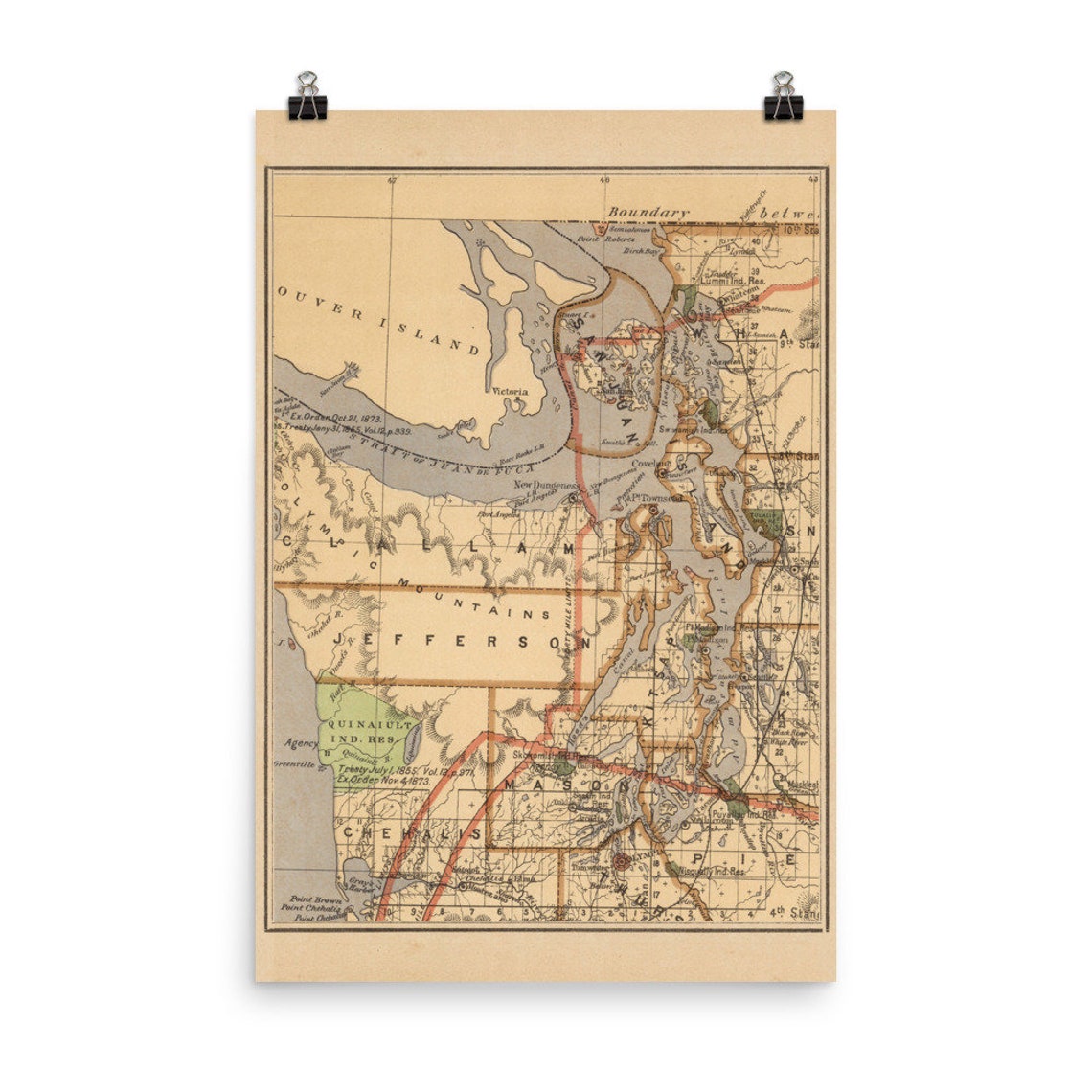 Old Puget Sound Map (1876) Vintage Pacific Northwest Inlet Atlas Poster ...