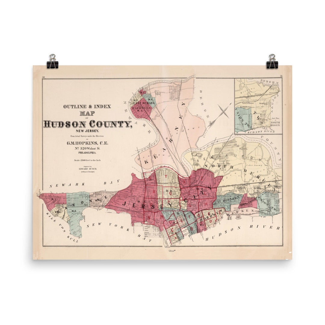 Hudson County NJ Map (1873) Old New Jersey Counties Atlas Poster - Etsy