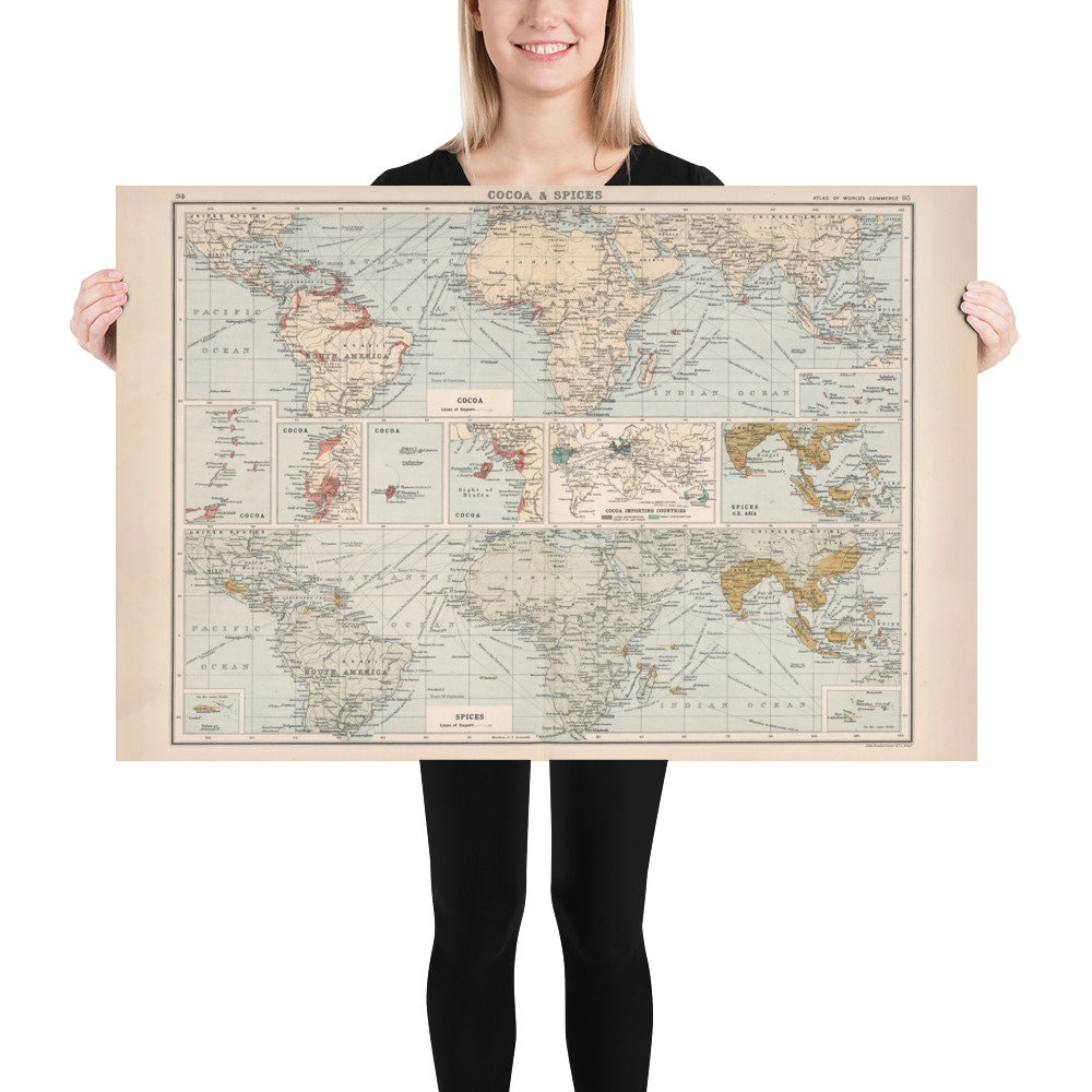 Old World Cocoa & Spices Map 1907 Vintage International | Etsy