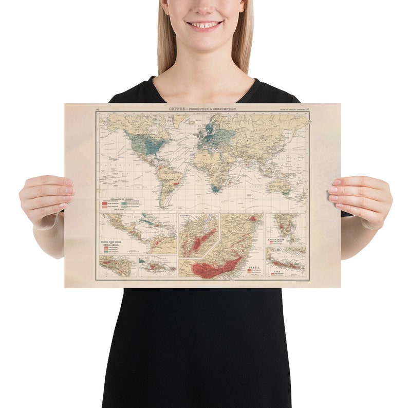 Old Coffee Farming & Consumption World Map 1907 Vintage | Etsy