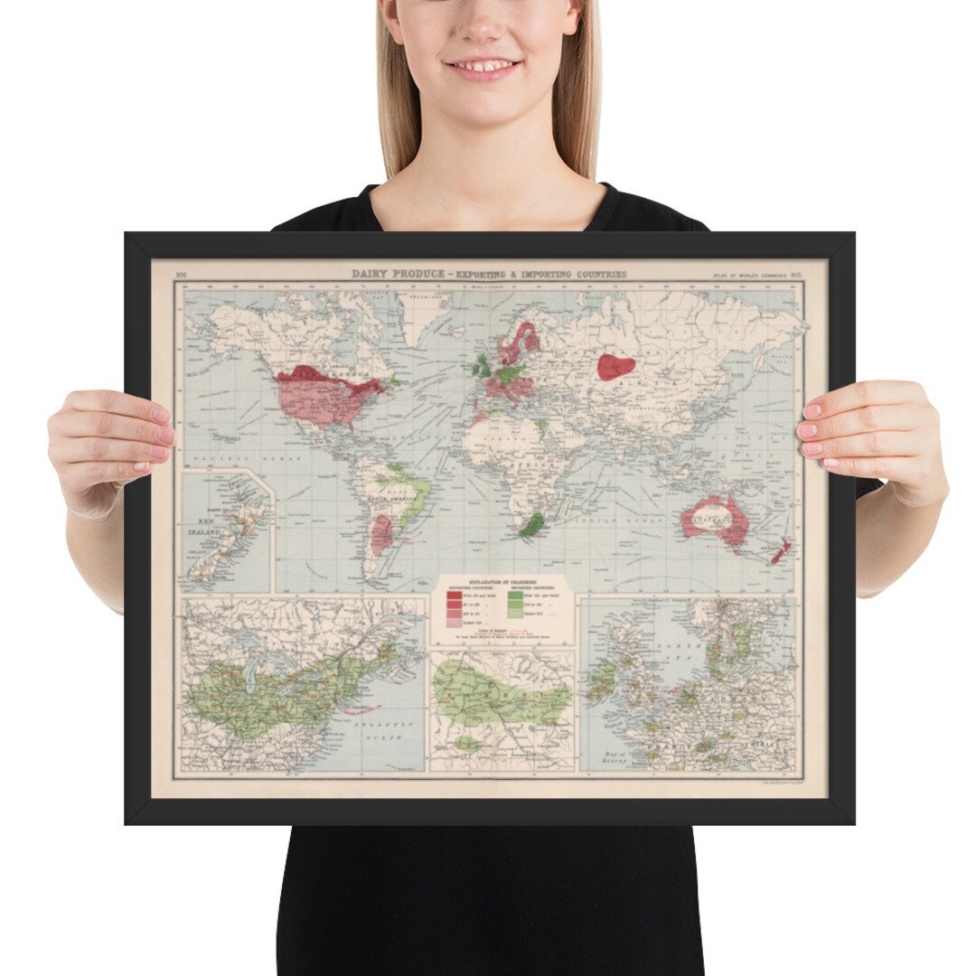 Old World Dairy Exporting & Importing Map (1907) Vintage Global Milk ...