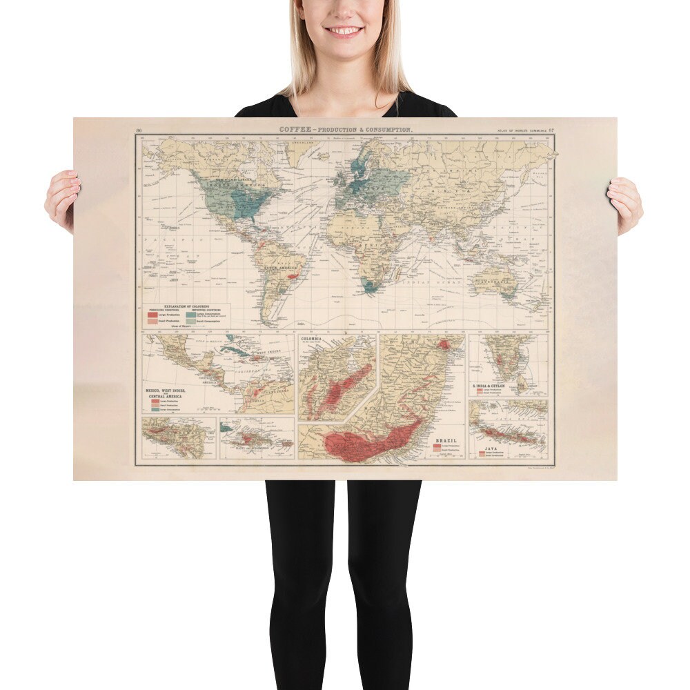 Old Coffee Farming & Consumption World Map 1907 Vintage - Etsy