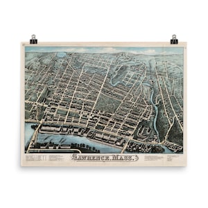 Old Lawrence MA Map (1876) Vintage Massachusetts City Birds Eye View ...