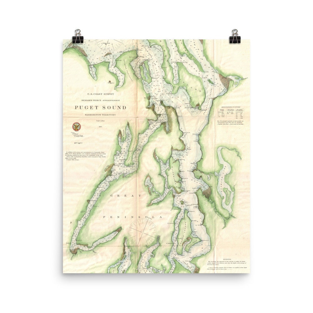 Vintage Puget Sound Map (1867) Washington State Pacific Ocean Inlet ...