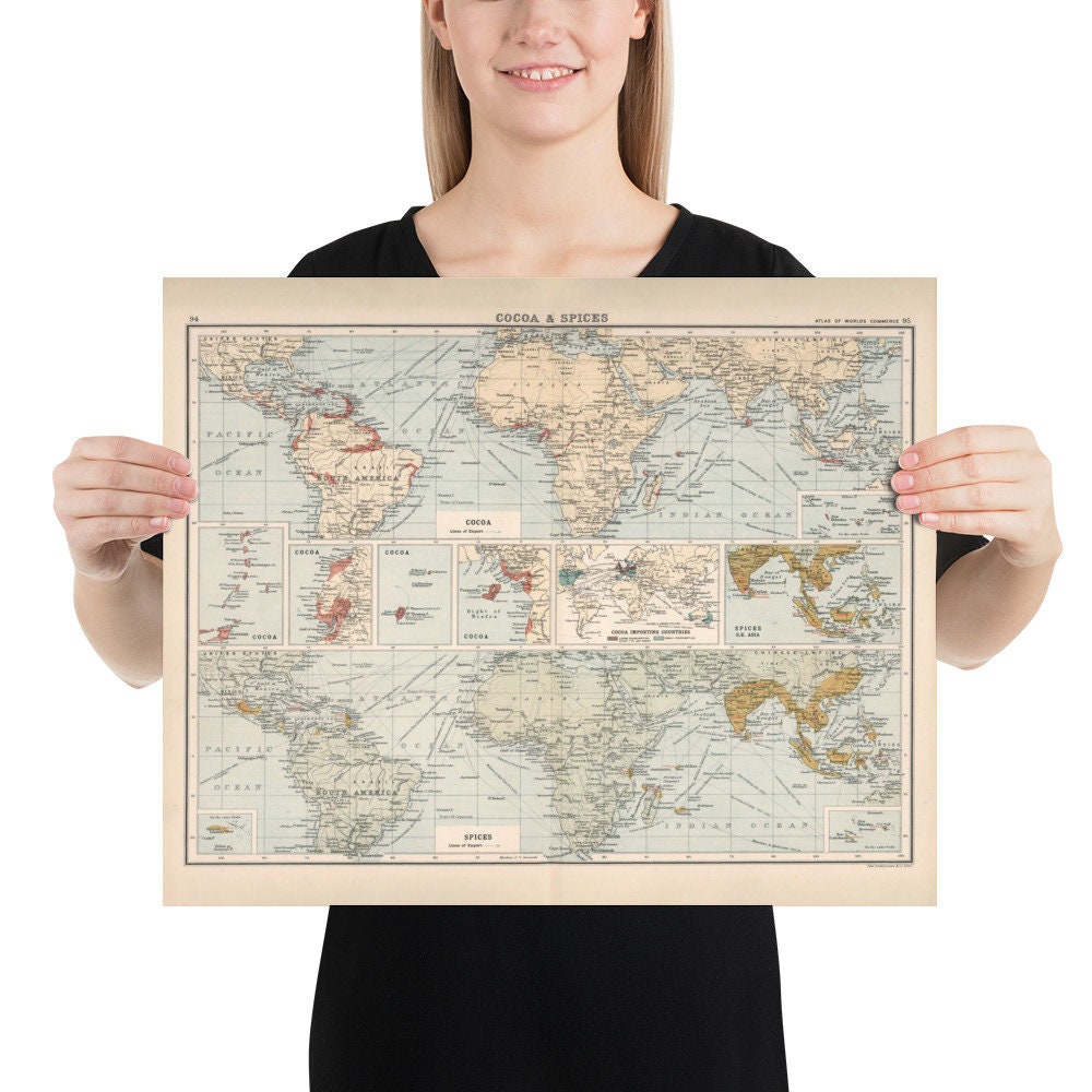 Old World Cocoa & Spices Map 1907 Vintage International | Etsy