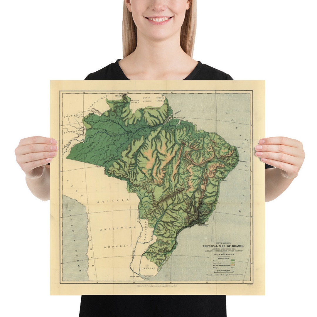 Old Brazil Physical Map (1886) Vintage Brazilian Relief Atlas Poster - Etsy