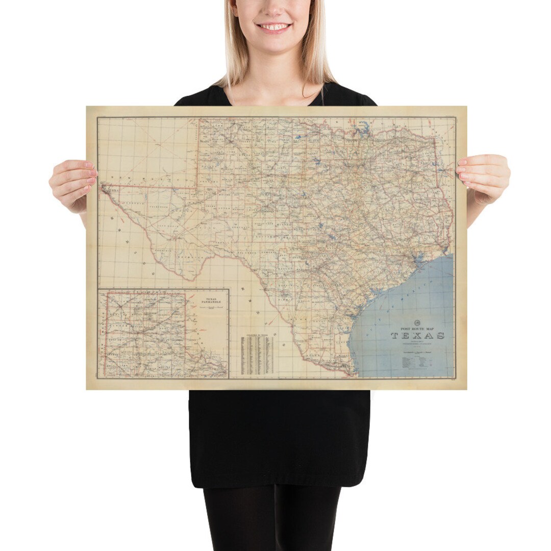 Old Texas Counties and State Postal Routes Map (1950) Vintage Lone Star ...