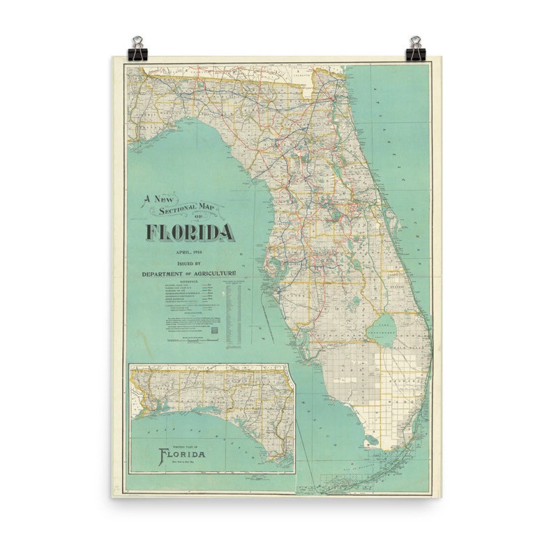 Vintage Florida Map 1916 Turquoise FL Antique Atlas Poster - Etsy