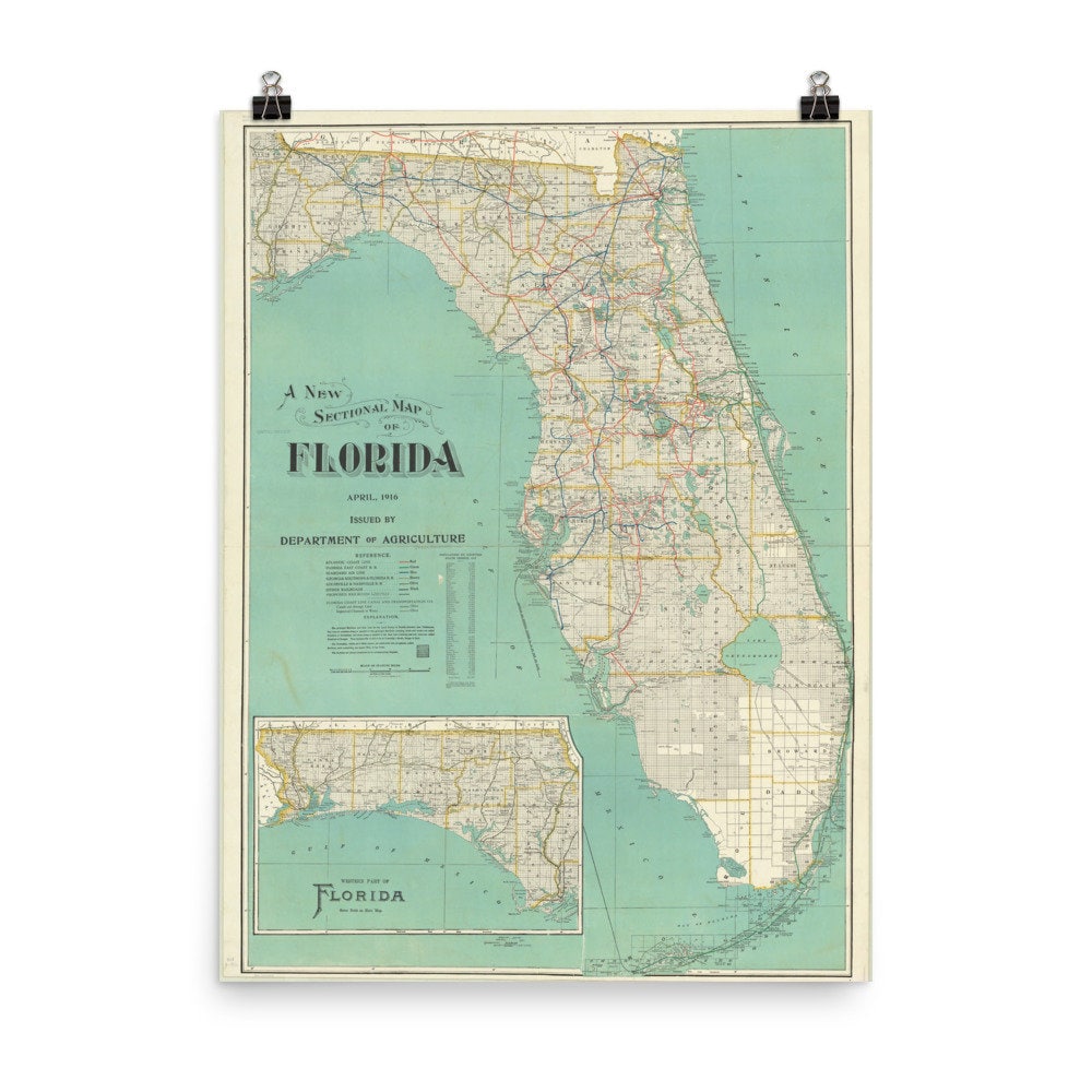 Vintage Florida Map 1916 Turquoise FL Antique Atlas Poster - Etsy
