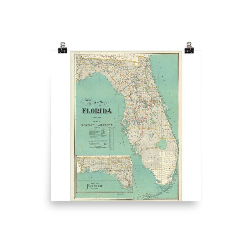 Vintage Florida Map 1916 Turquoise FL Antique Atlas Poster - Etsy