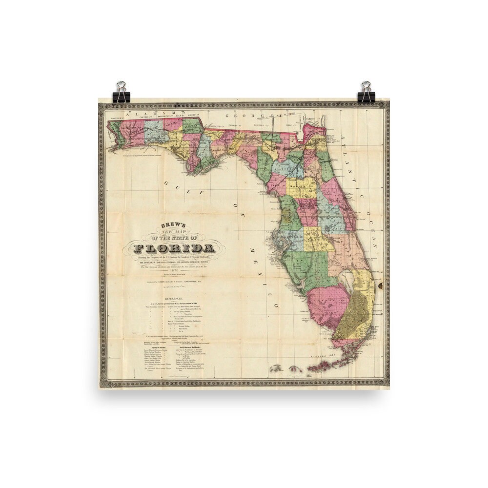 Vintage Florida Map (1870) FL Counties Atlas Poster - Etsy