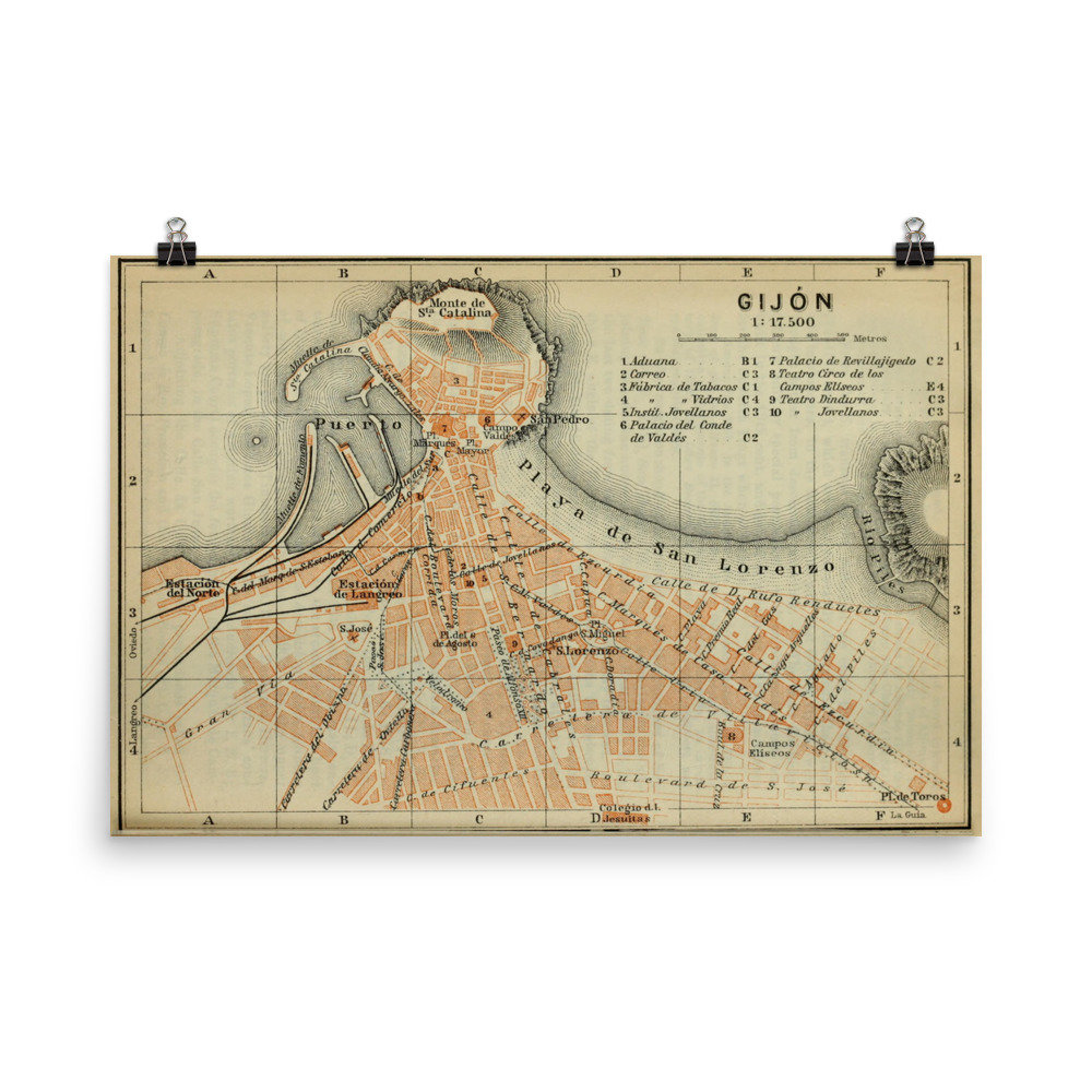 Mapa de Gijón España 1914 Cartel del Atlas de la Antigua | Etsy