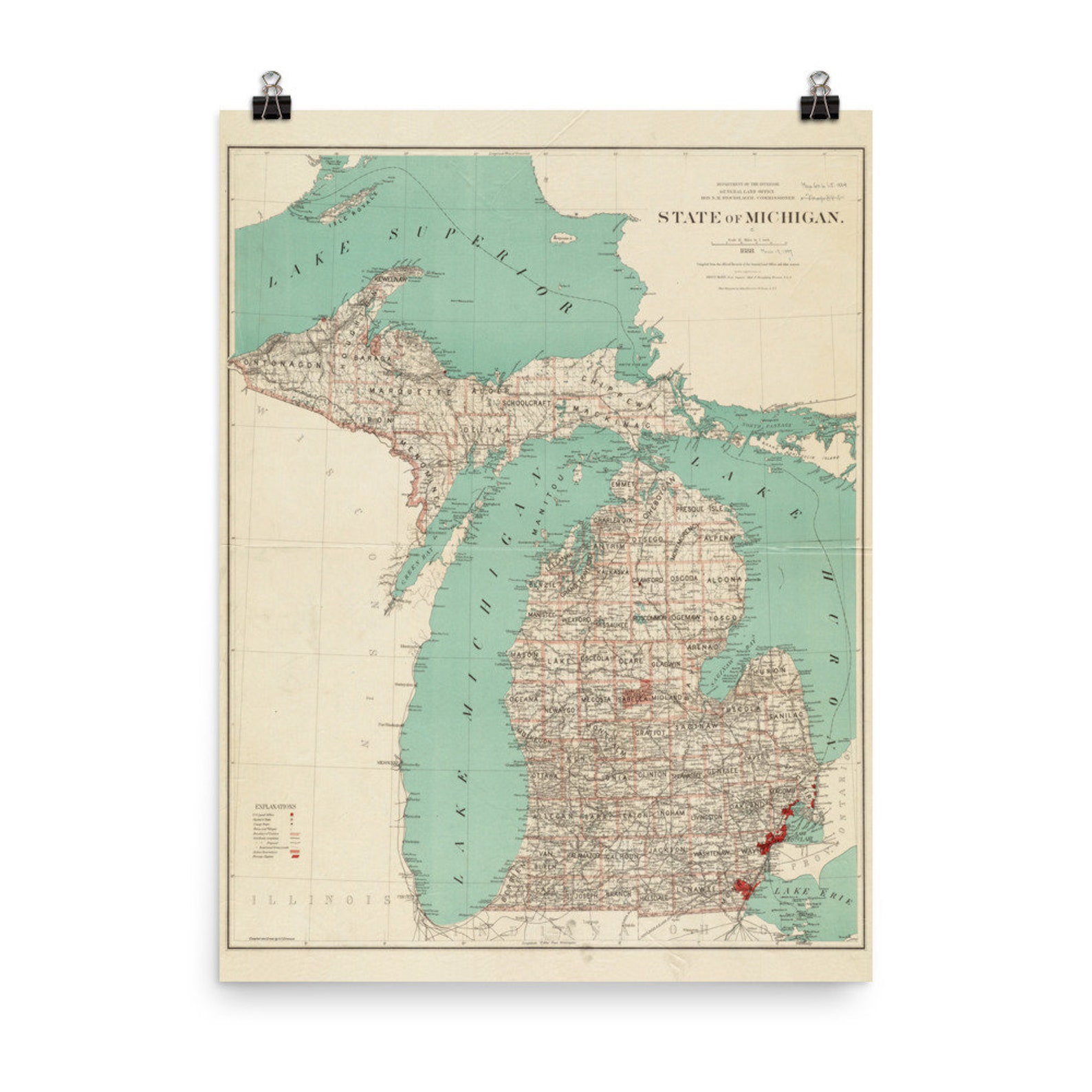 Michigan Map 1888 Old Great Lakes State Atlas Poster - Etsy
