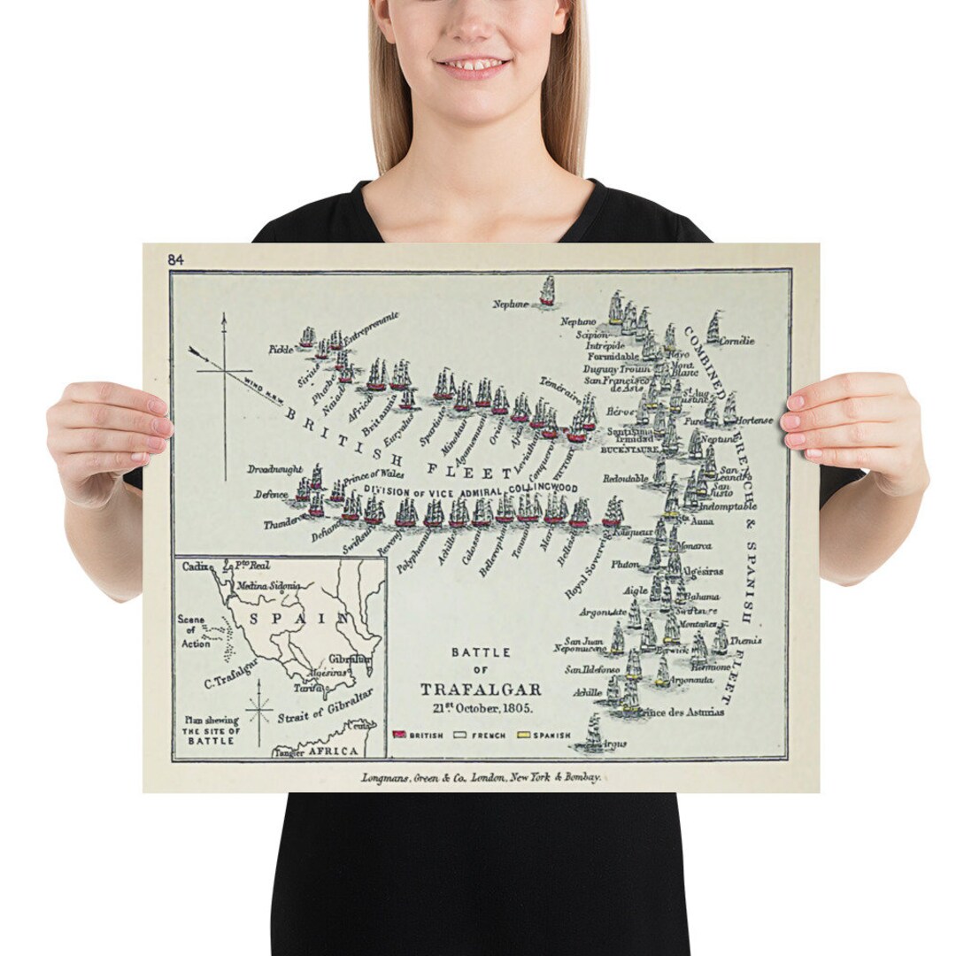 Old Battle of Trafalgar Map (1902) Vintage Admiral Lord Nelson Naval ...