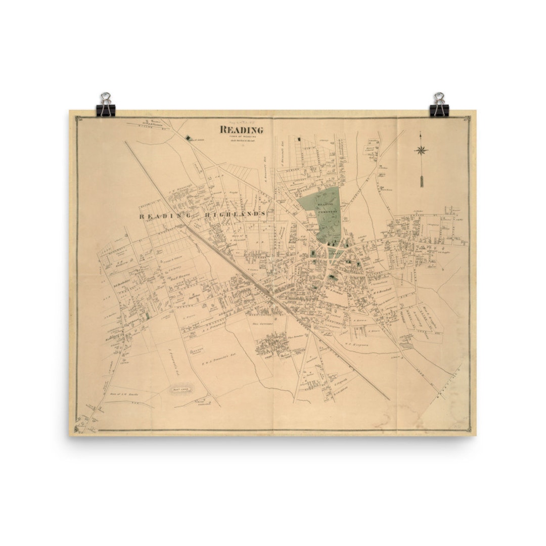 Old Reading Ma Map (1875) Vintage Massachusetts Bay Colony Settlements ...