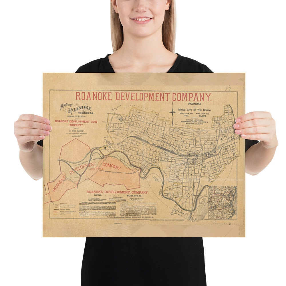 Old Roanoke VA Map (1890) Virginia Star City of the South Vintage Atlas ...