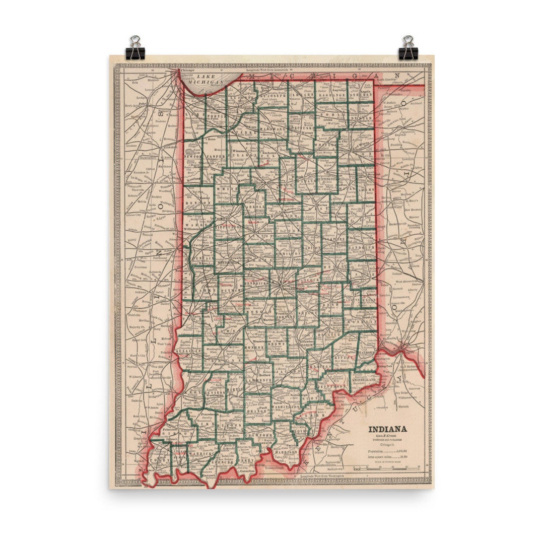 Old Map of Indiana (1883) Vintage IN State & County Atlas Poster - Etsy