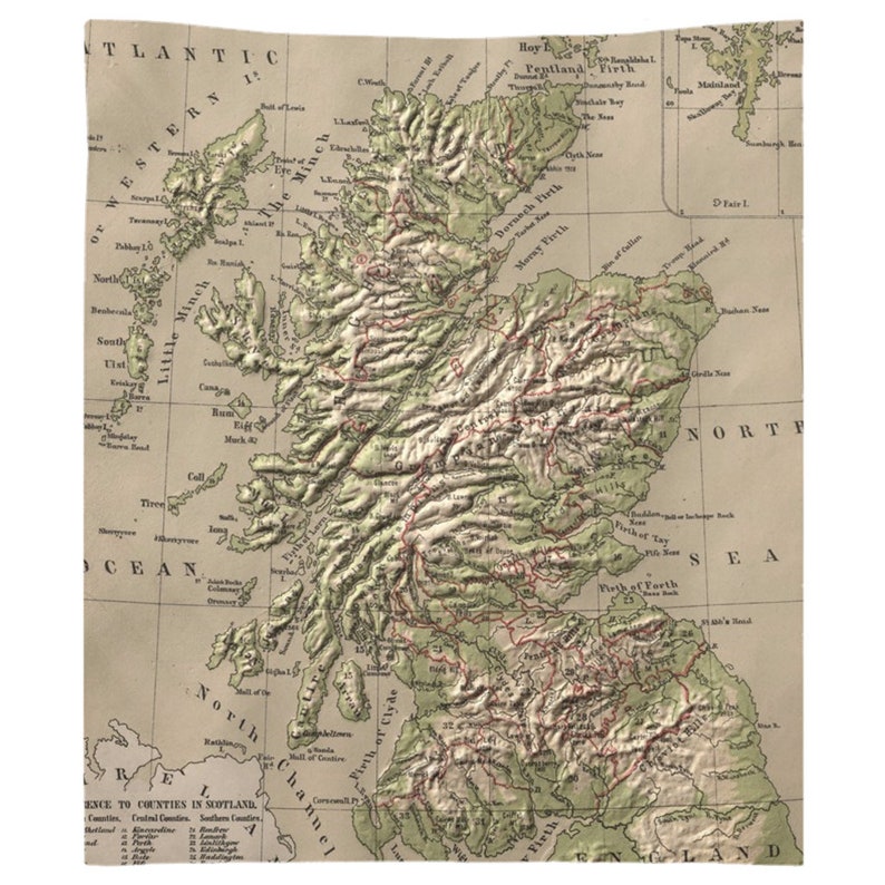 Scotland Physical Map Tapestry 1880 Old Atlas | Etsy