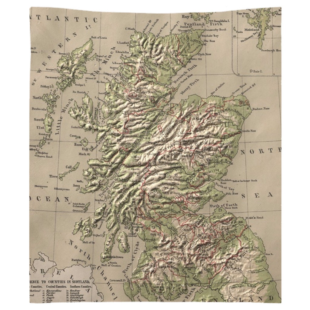 Scotland Physical Map Tapestry 1880 Old Atlas | Etsy
