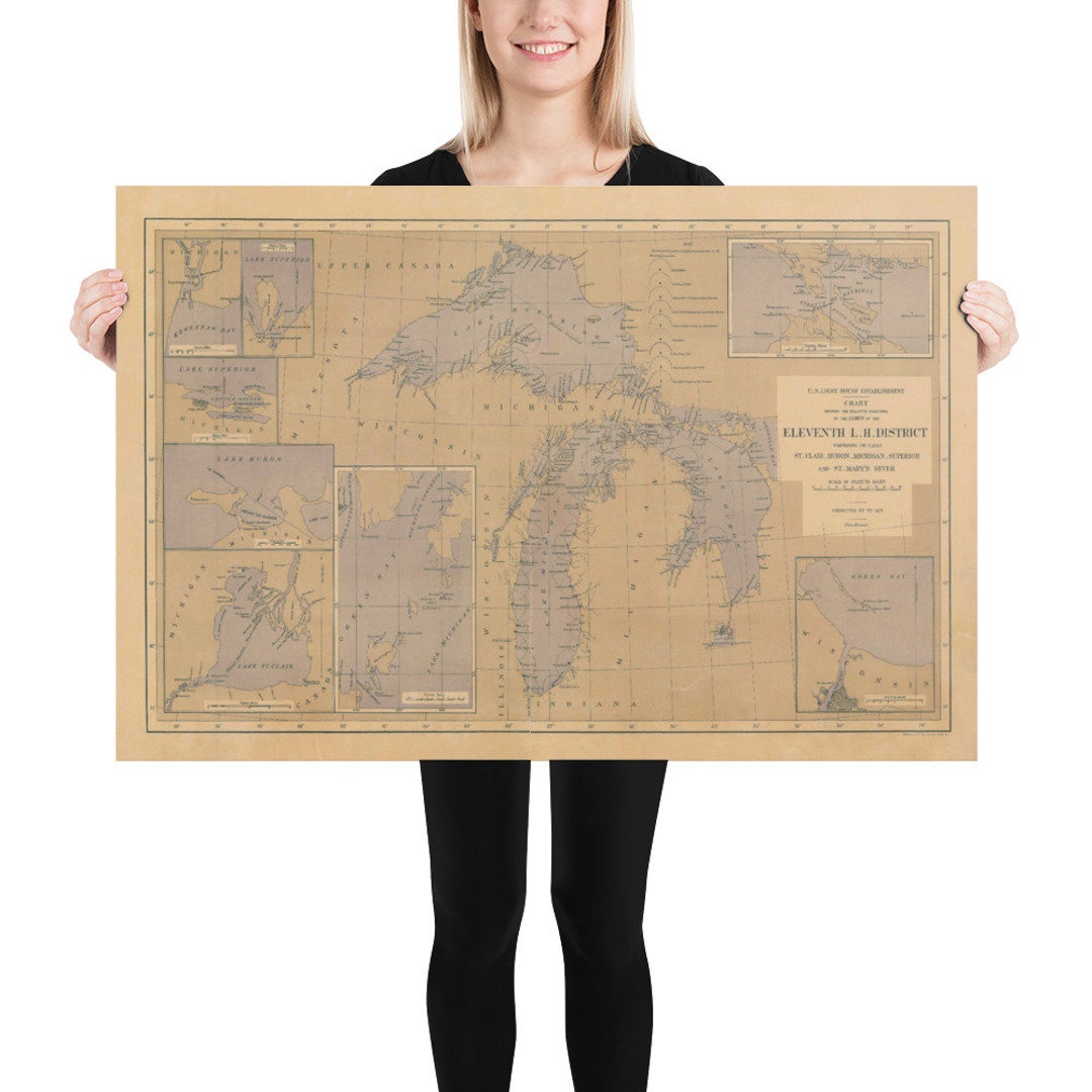 Old Great Lakes Lighthouse Map (1875) Vintage Nautical and Maritime ...